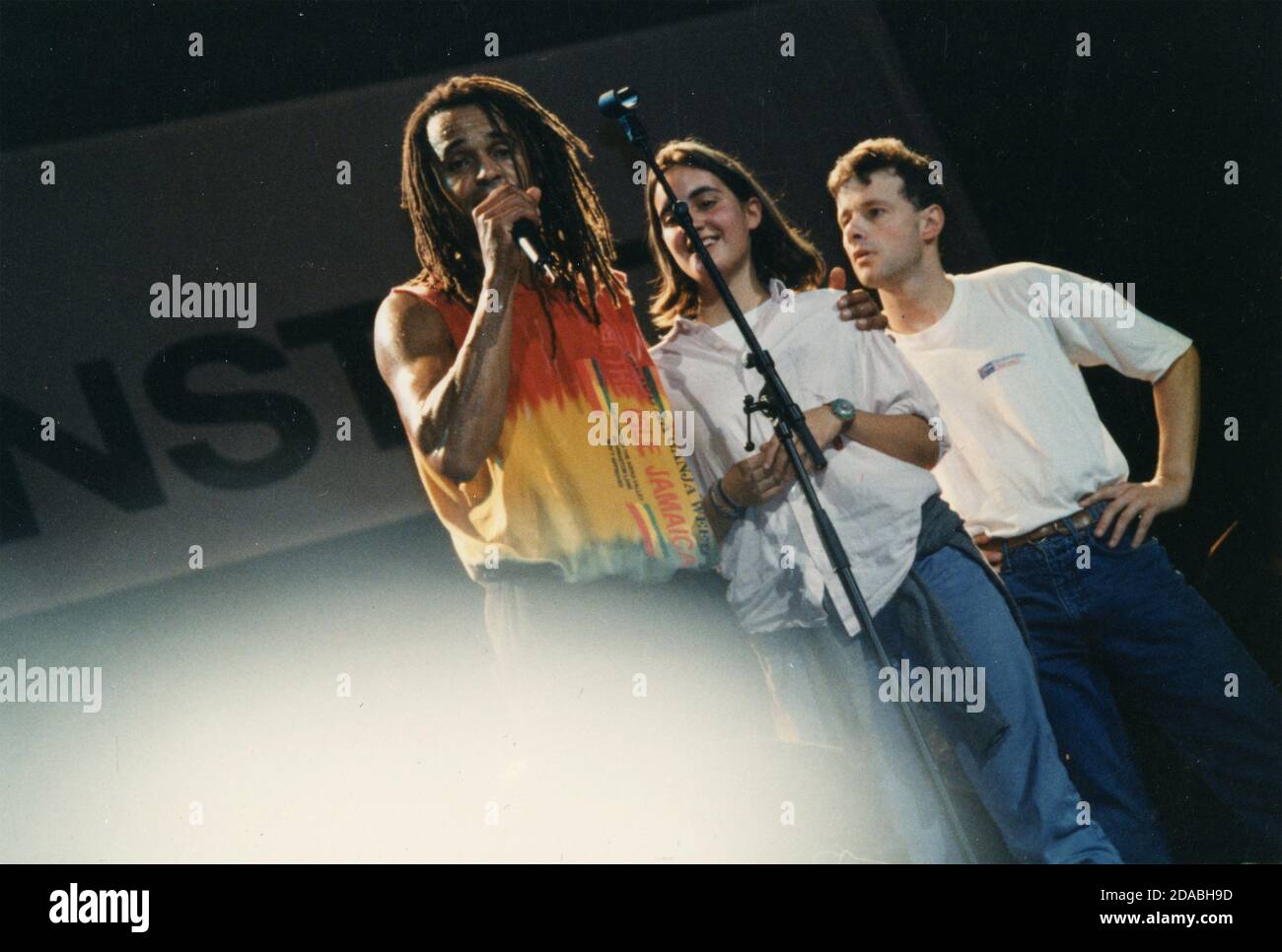French tennis player Yannick Noah singing at a concert, 1990s Stock ...