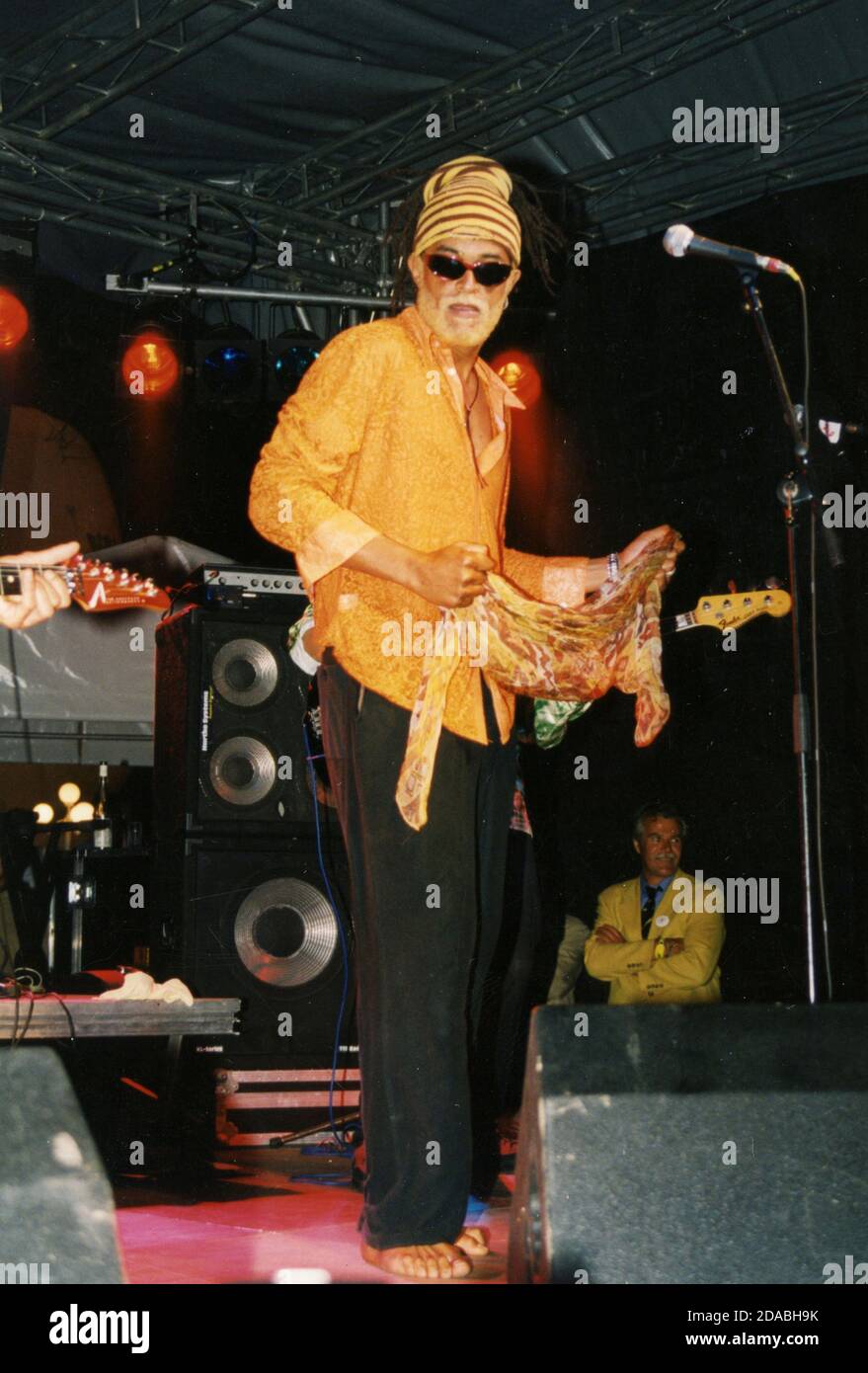 French tennis player Yannick Noah singing at a concert, 1990s Stock ...