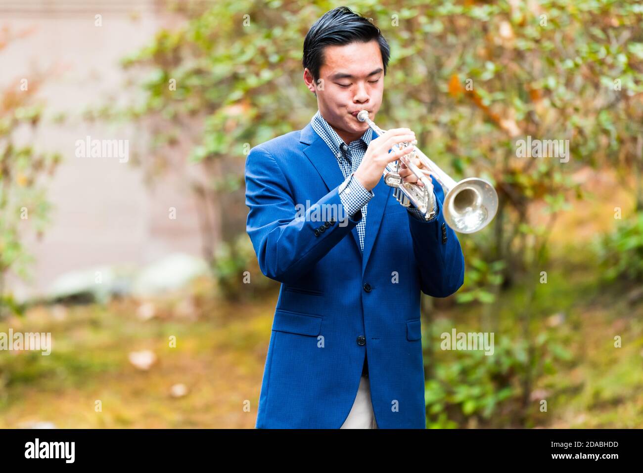 Trumpet player playing the National Anthem during the 2020 Veterans Day ...