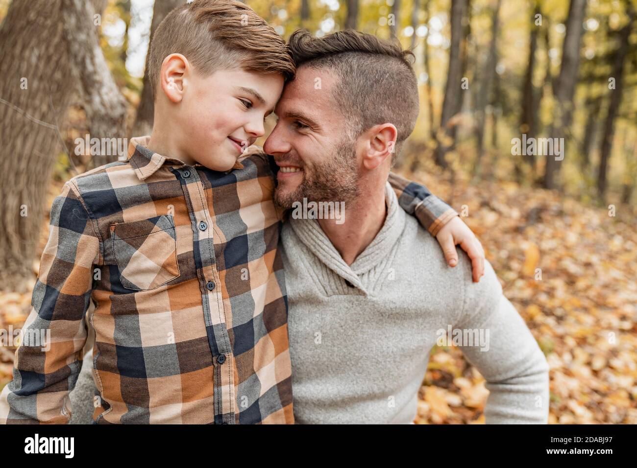 Happy family father and child boy in the autumn leaf fall in park close ...