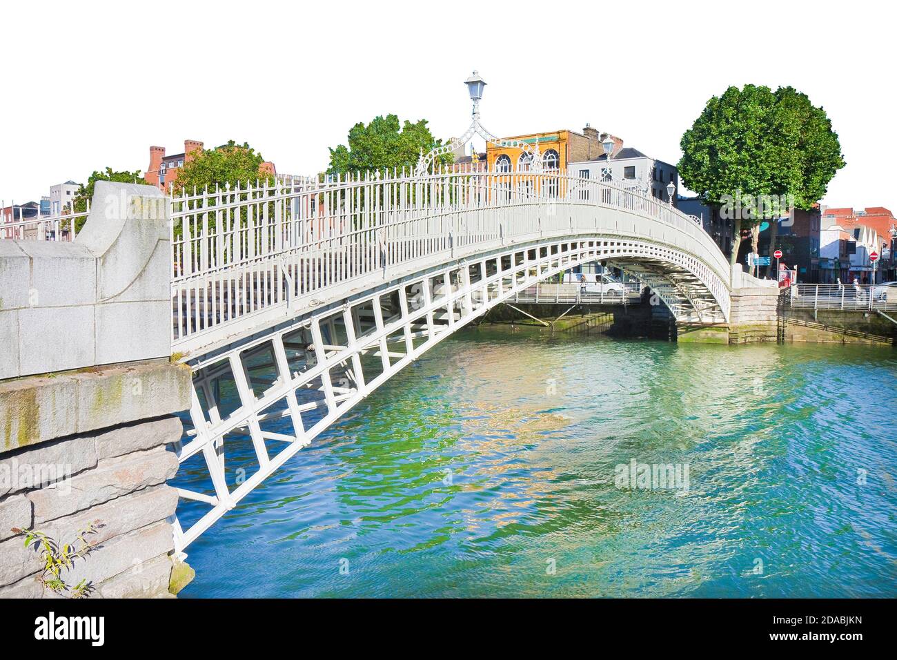 The most famous bridge in Dublin called "Half penny bridge" on white ...