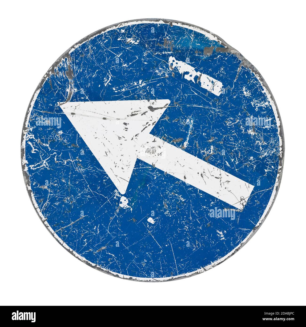 Old road sign with white arrow on blue background - concept image Stock ...