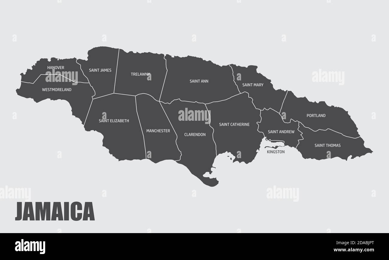 The Jamaica isolated map divided in administrative areas with labels ...