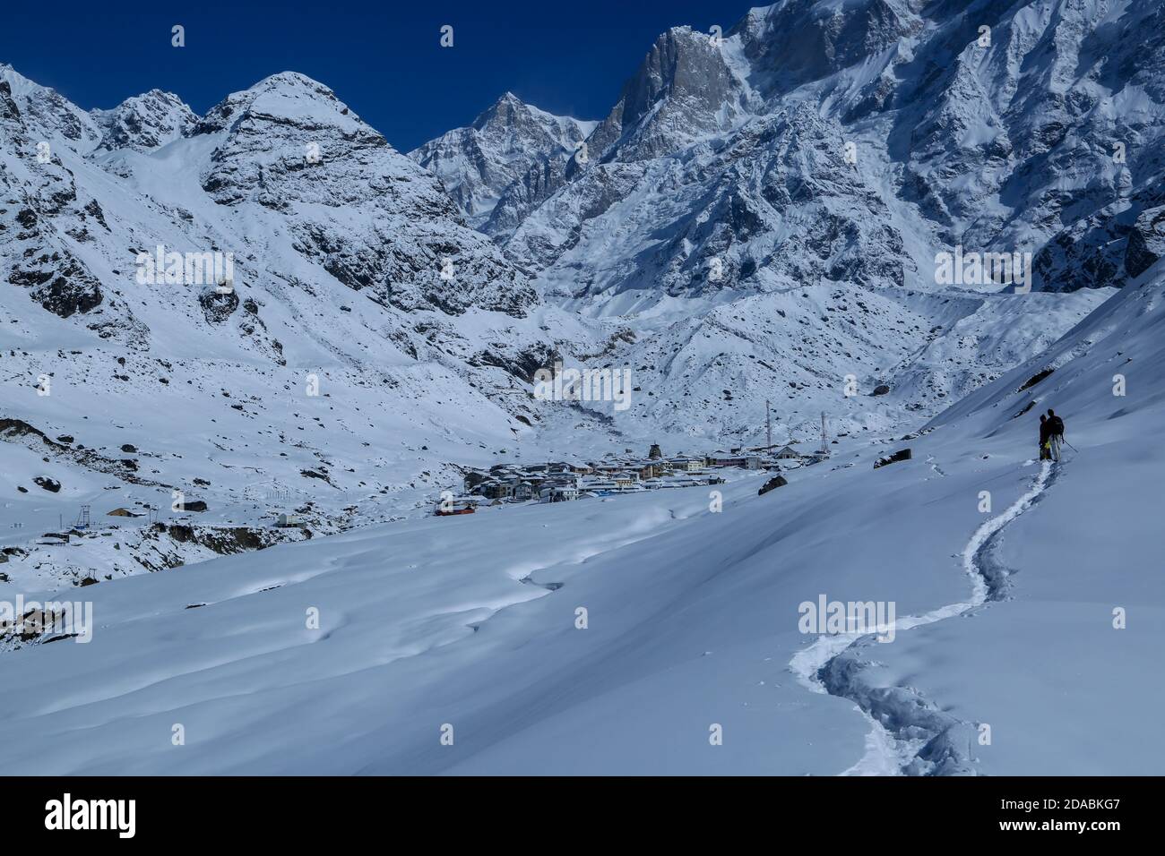 Snow covered Kedarnath temple trek in Himalaya. Kedarnath temple is a ...