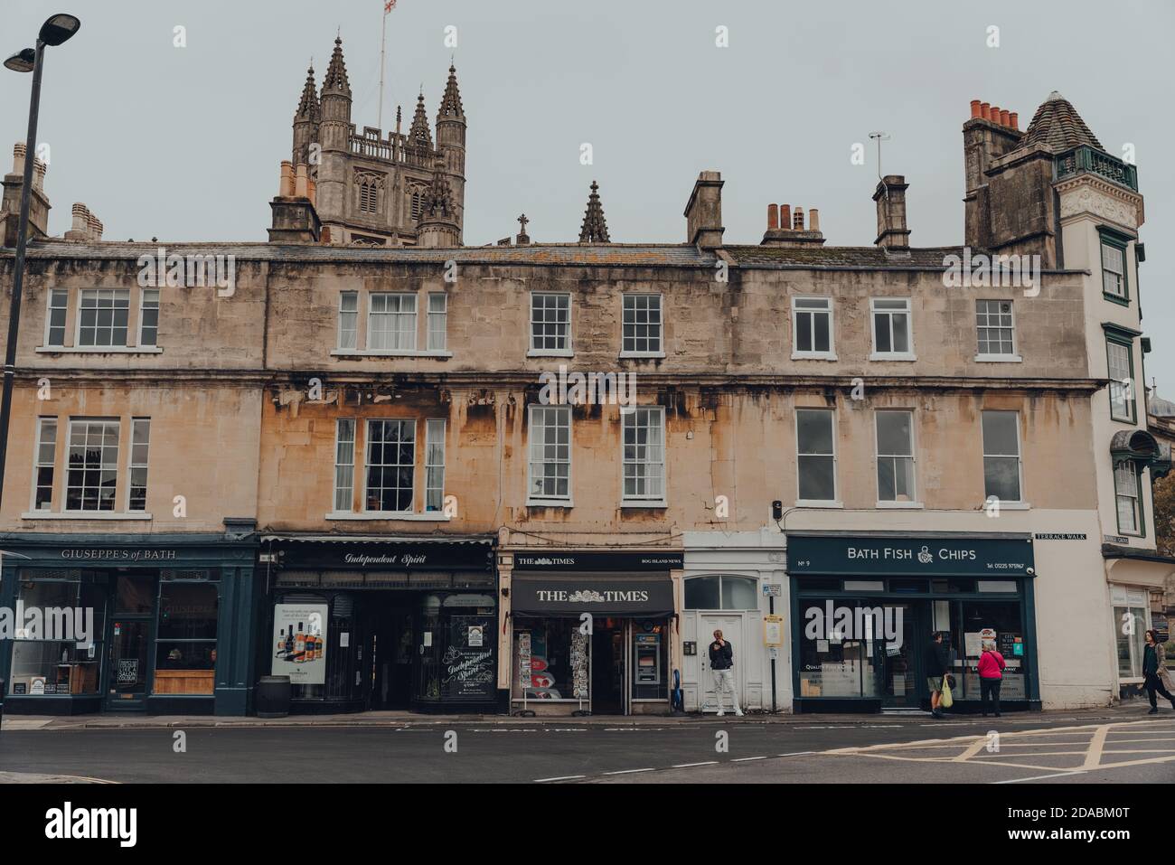 Bath, UK - October 04, 2020: Row of shops on Terrace Walk in Bath, the ...