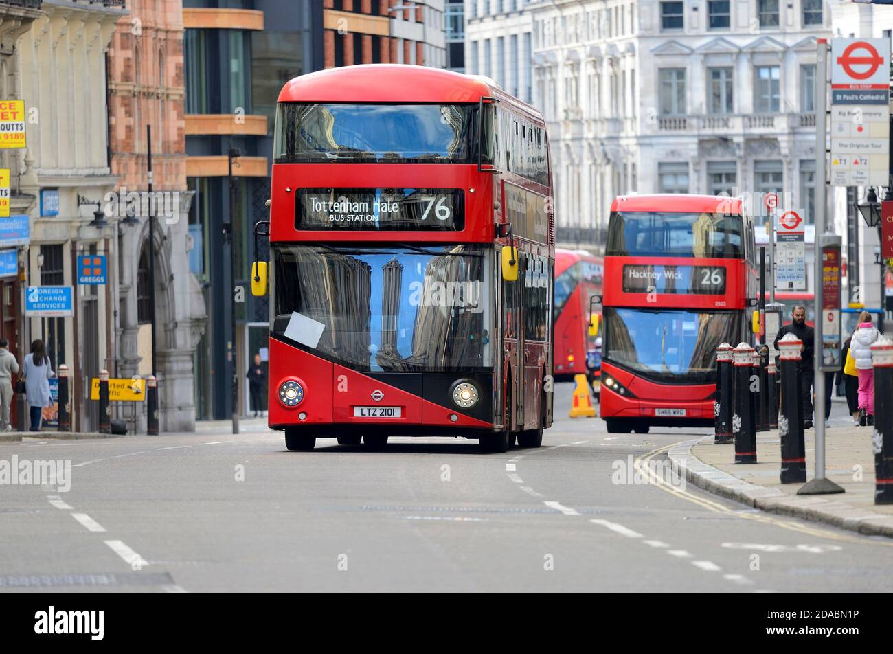 London, England, UK. Red double-decker London buses coming up Ludgate ...