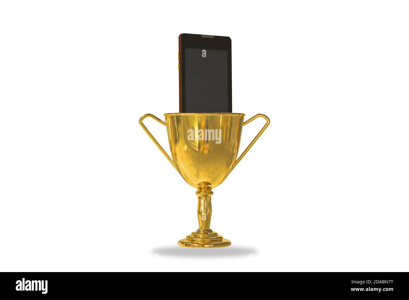 Golden trophy cup isolated on white background with a phone inside ...