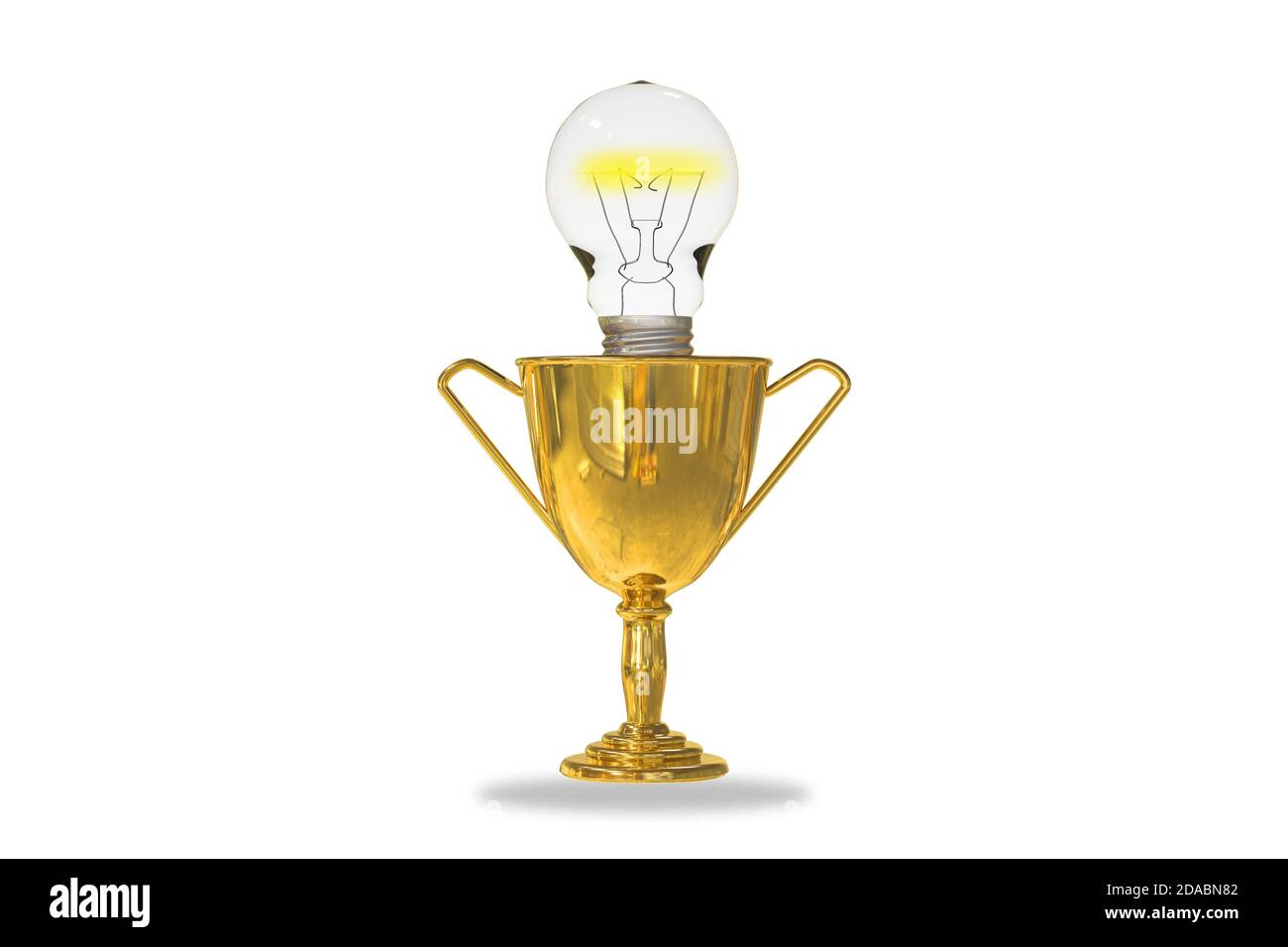 Golden trophy cup isolated on white background with a light bulb inside ...