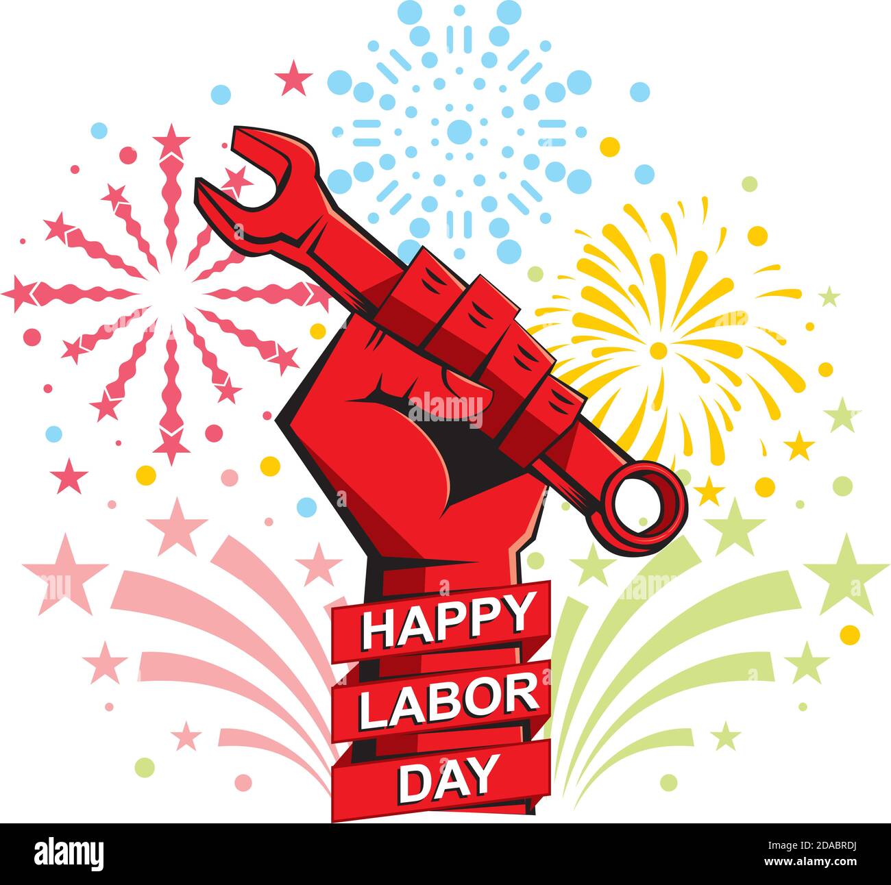 labor day poster design with strong worker fist holding up wrench on ...