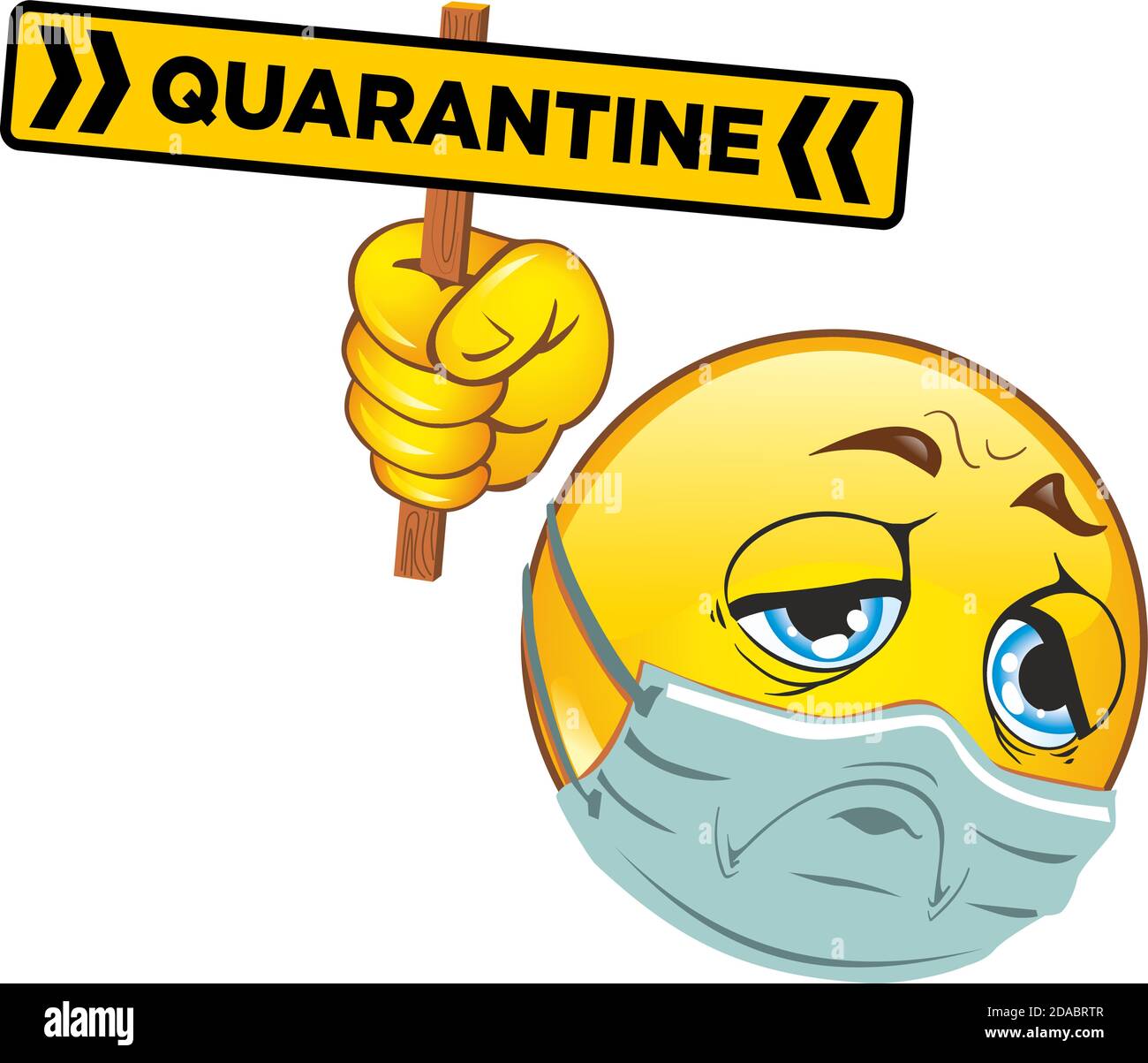 Emoji yellow ball. Sad smiley with a coronavirus quarantine sign. Stay ...