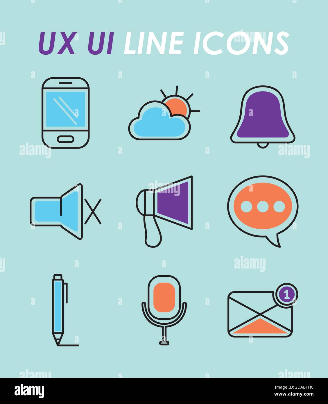 ux ui line icons set over blue background, half line half color style ...