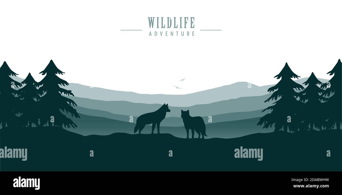 wolf pack on blue forest landscape with mountain view vector ...