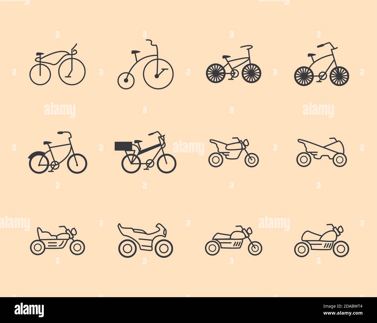 set icons, representing different types of bikes and motorcycles vector ...