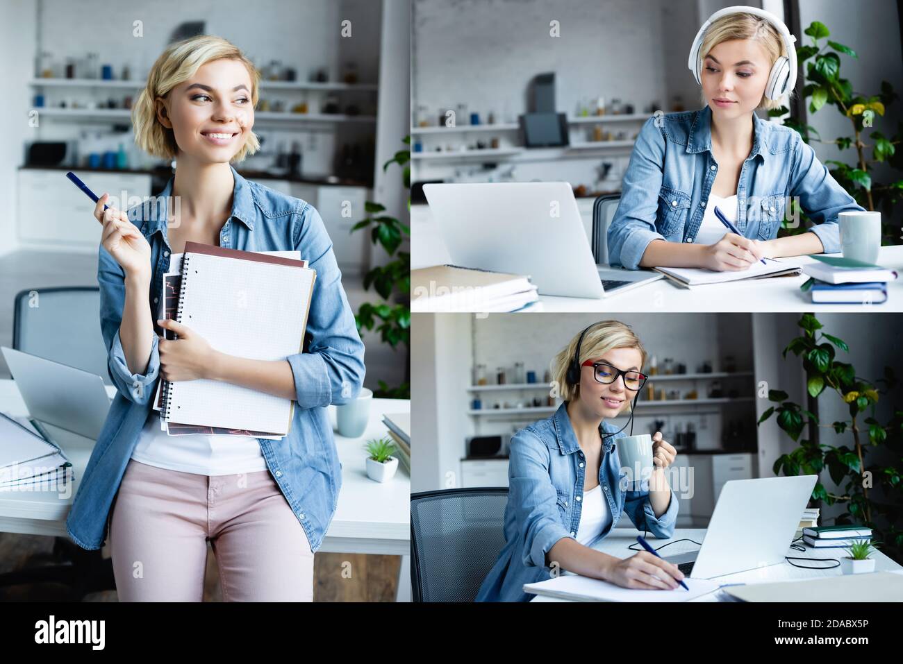 collage of young blonde woman studying from home Stock Photo - Alamy