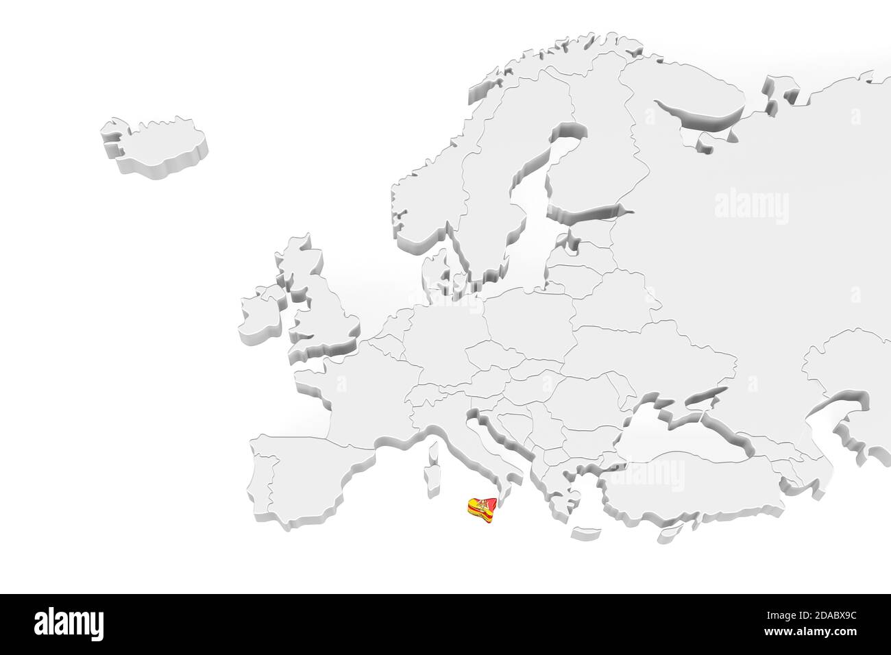 3D Europe map with marked borders - area of Sicily marked with Sicily ...
