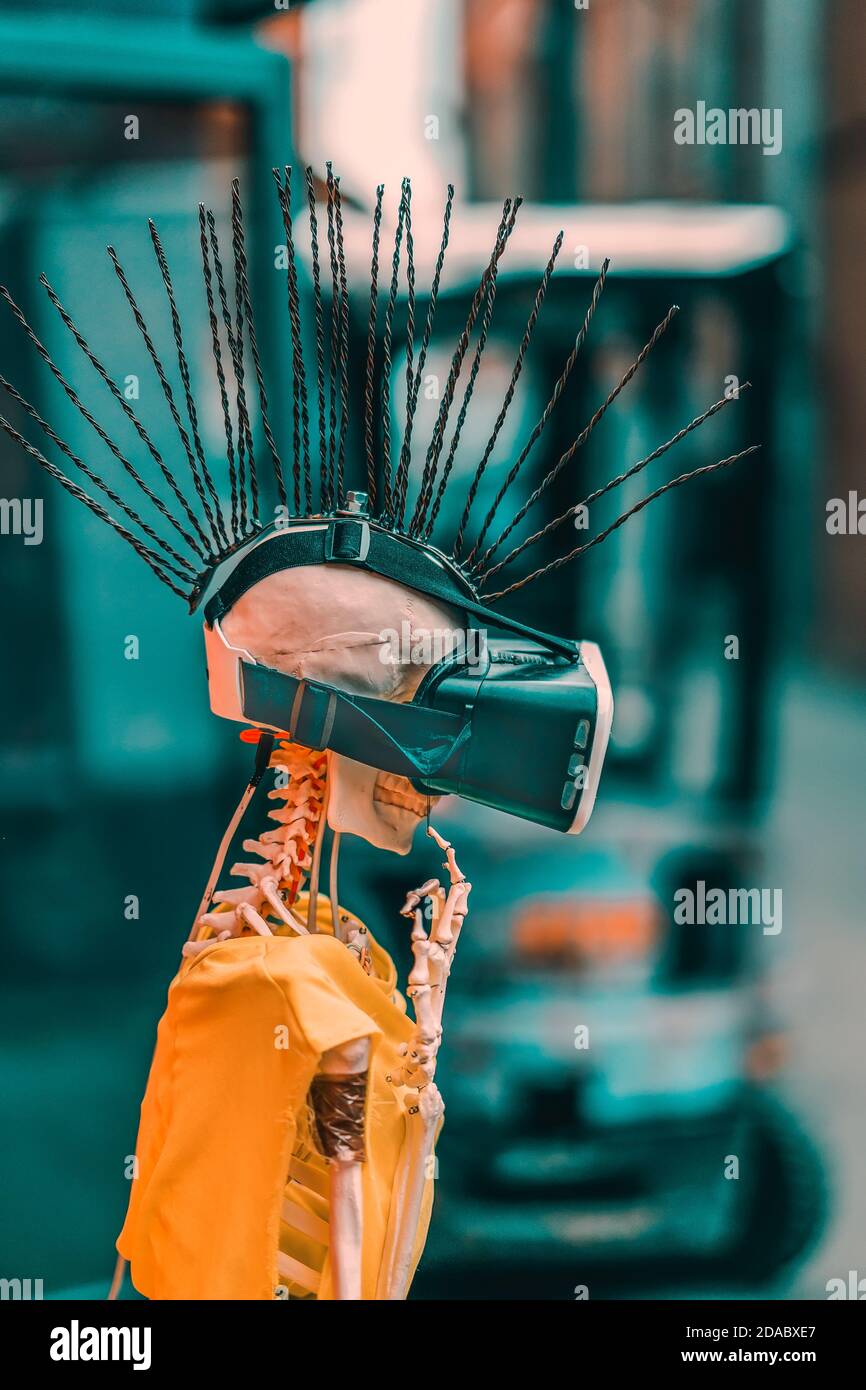 Skeleton in virtual reality gaming glasses, technology and computer ...