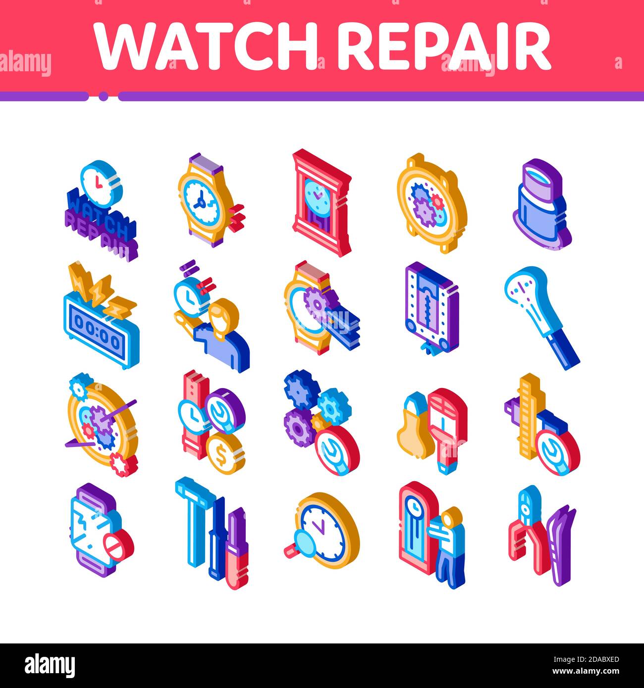 Watch Repair Service Isometric Icons Set Vector Stock Vector Image ...