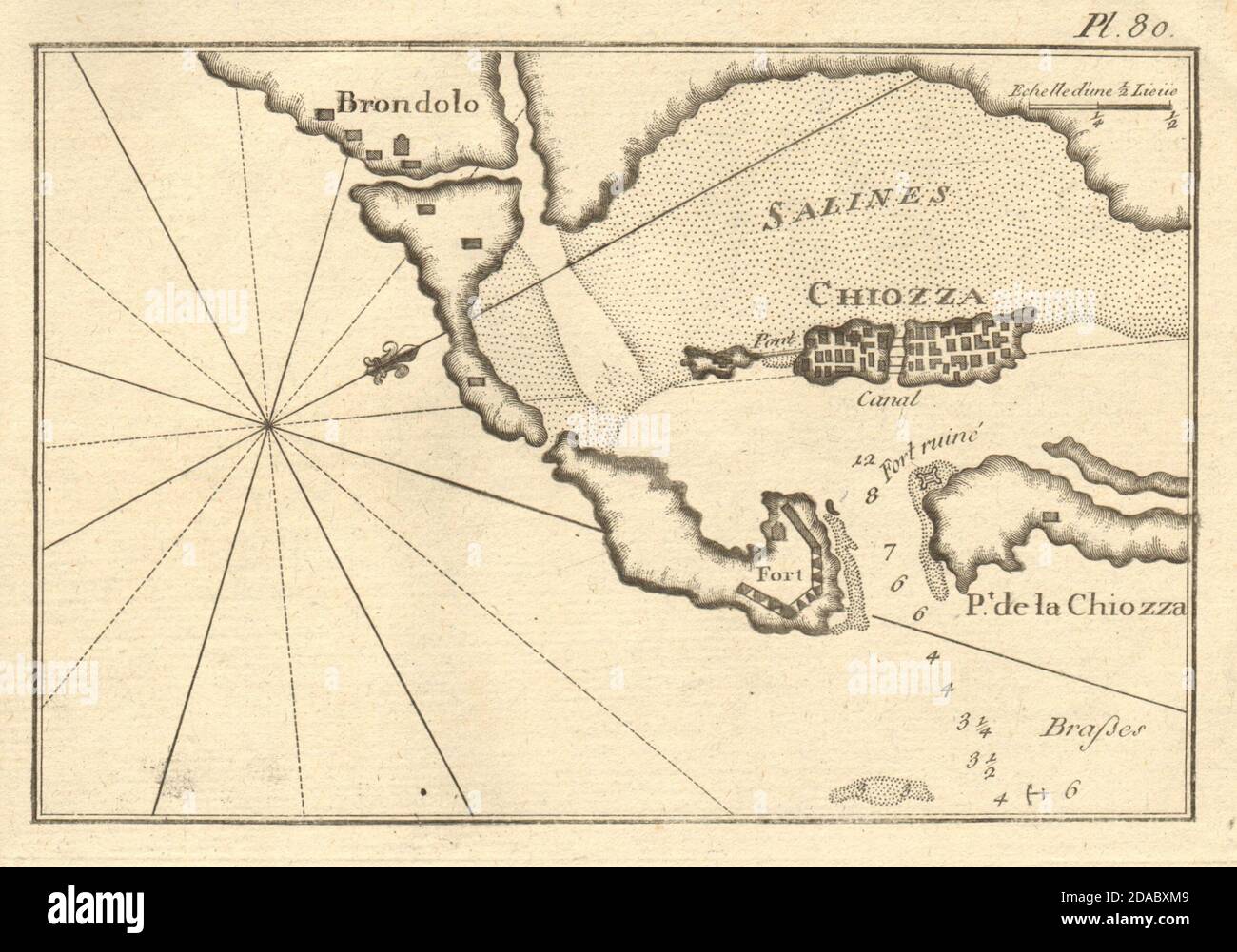 Chiozza. Chioggia, Venetian lagoon. Italy. ROUX 1804 old antique map ...