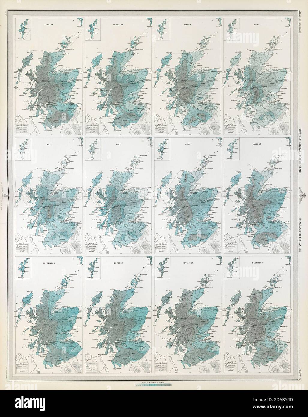 SCOTLAND average monthly rainfall for 25 years by Alexander Buchan 1895 ...
