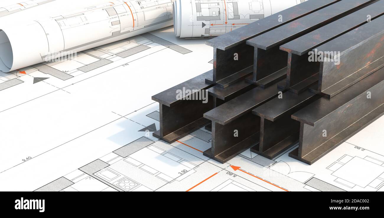 Steel beams production. Metal girders stack on project construction ...