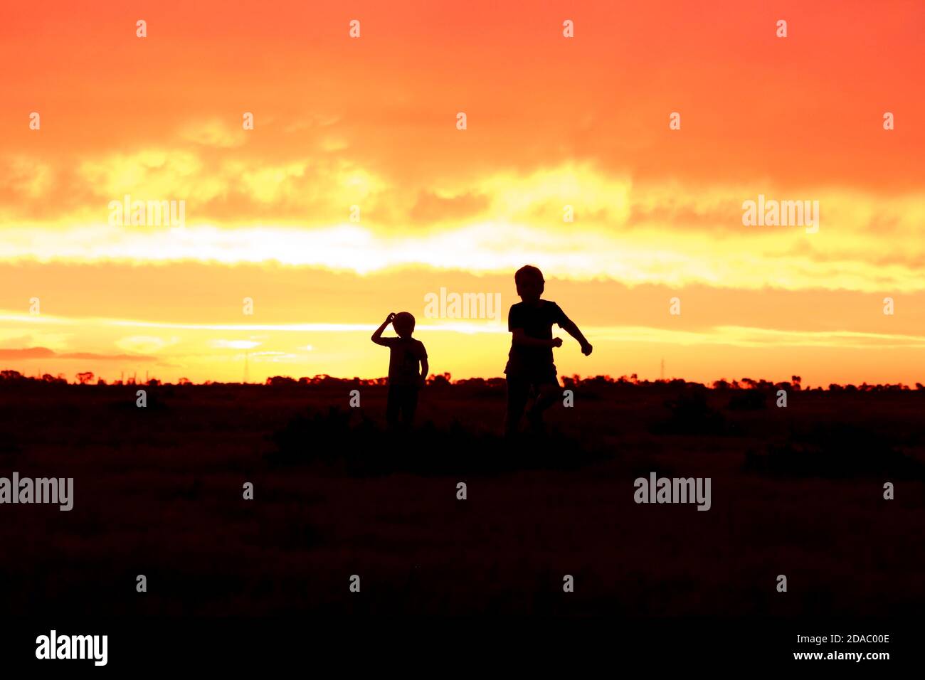 Silhouette of two kids playing in a field under the sunset sky Stock ...
