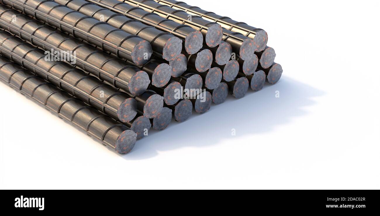 Reinforcing steel bars, metal round rebars rods stack isolated on white ...