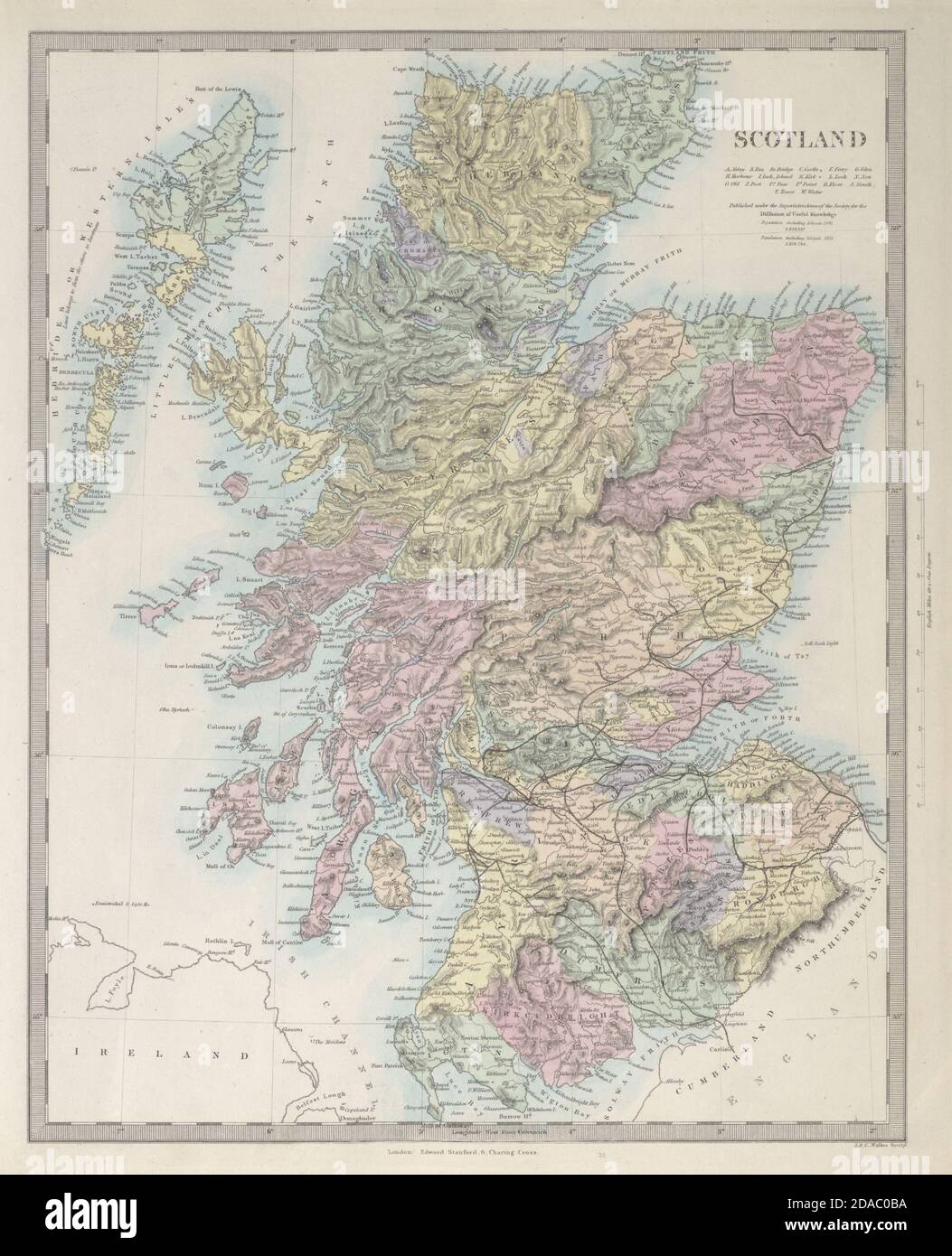 SCOTLAND. General map showing castles & kirks. Railways. SDUK 1857 old ...