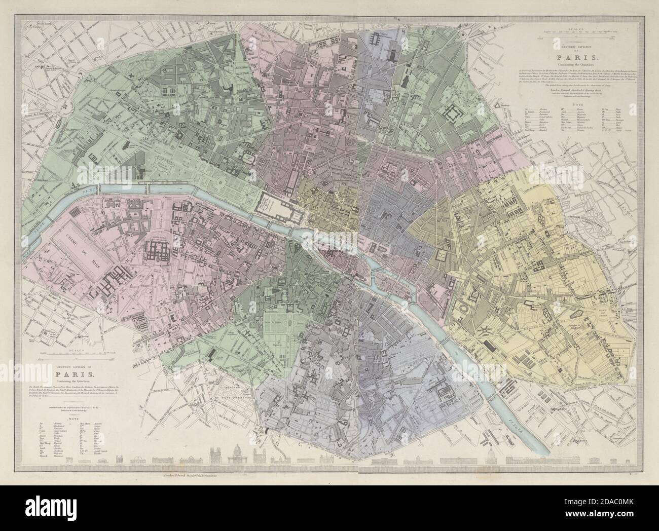 PARIS antique town city map plan LARGE 55x40cm. 2 sheets conjoined SDUK ...