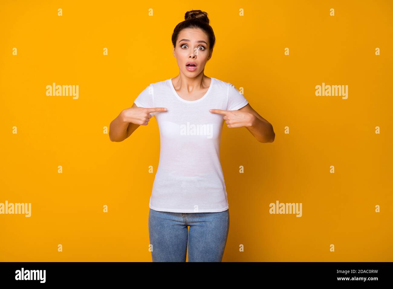 Portrait of frustrated anxious girl point index finger herself feel ...