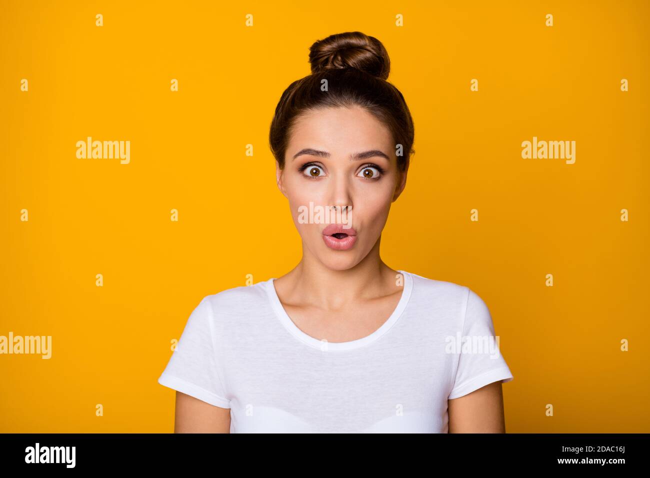 Portrait Of Astonished Girl Look Hear Incredible Novelty Impressed She