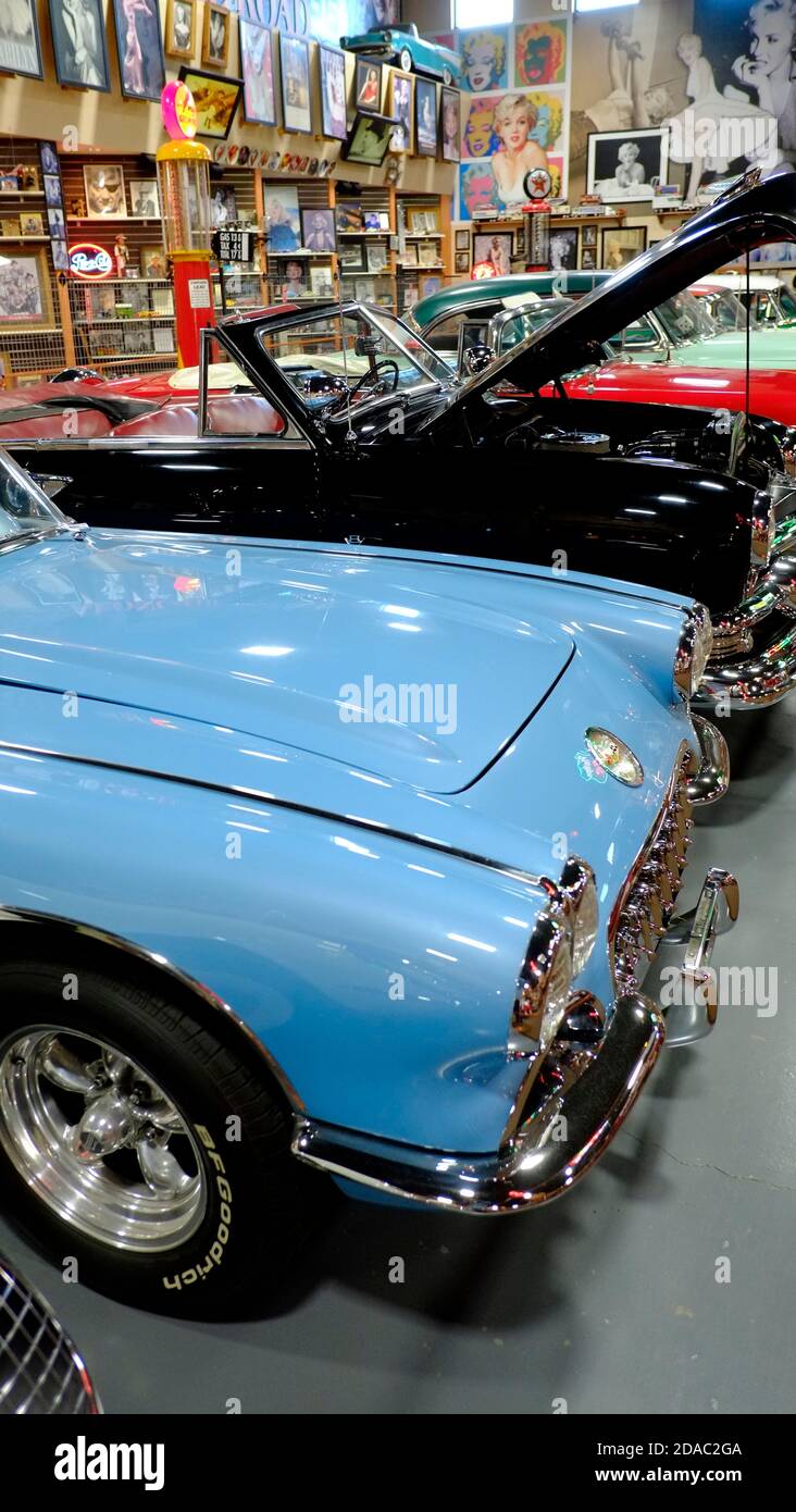 USA, New Mexico, vintage cars on display at Clines Corner Rest Area ...