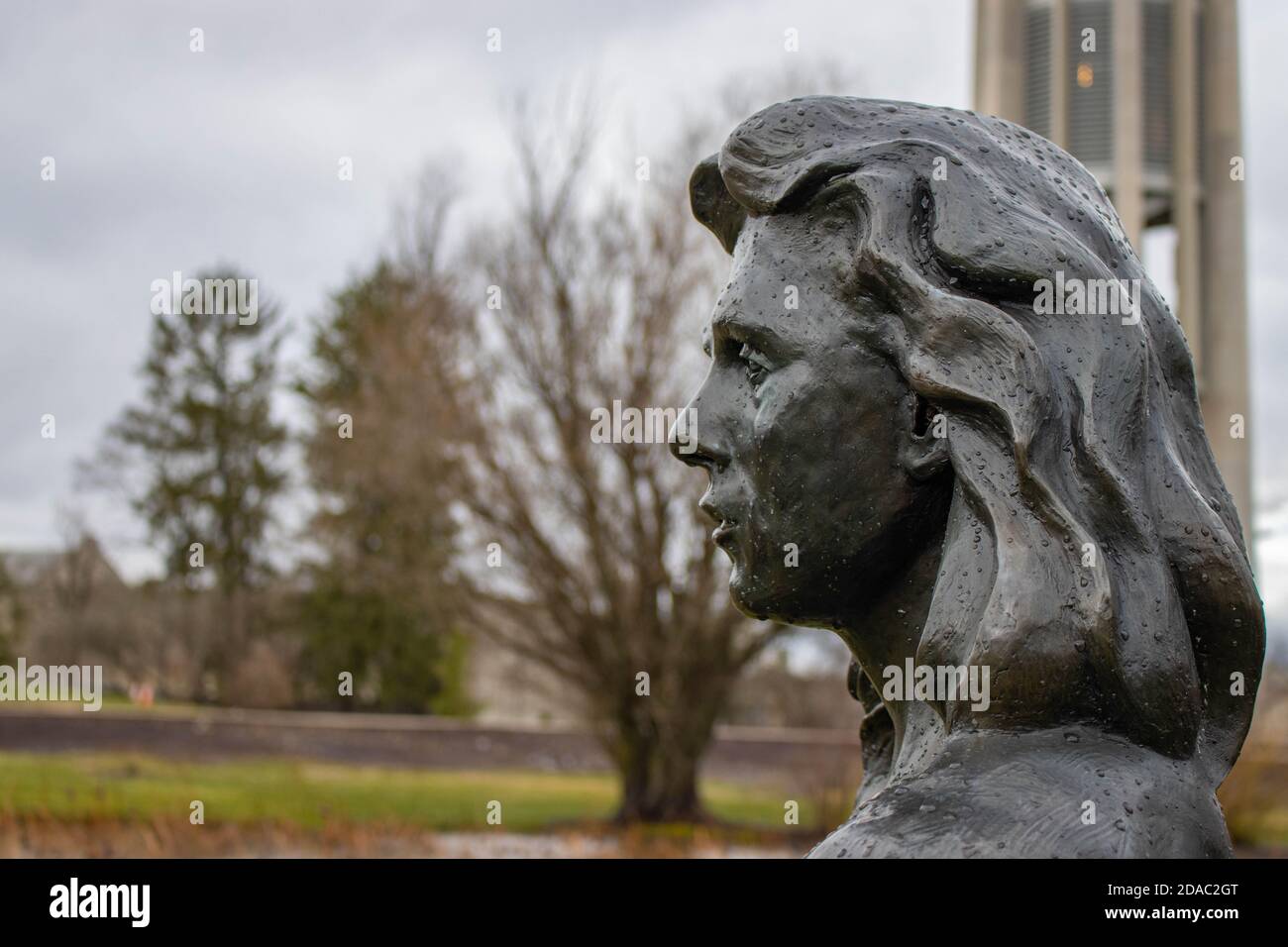 Statue in the foreground of Metz Bicentennial Grand Carillon, Indiana ...