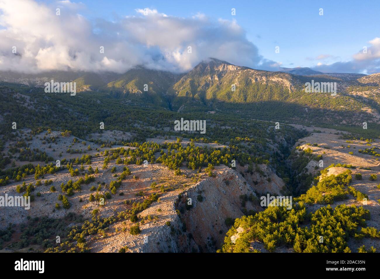 Aerial view over Aradena Gorge at sunset, Hora Sfakion, Crete Stock ...