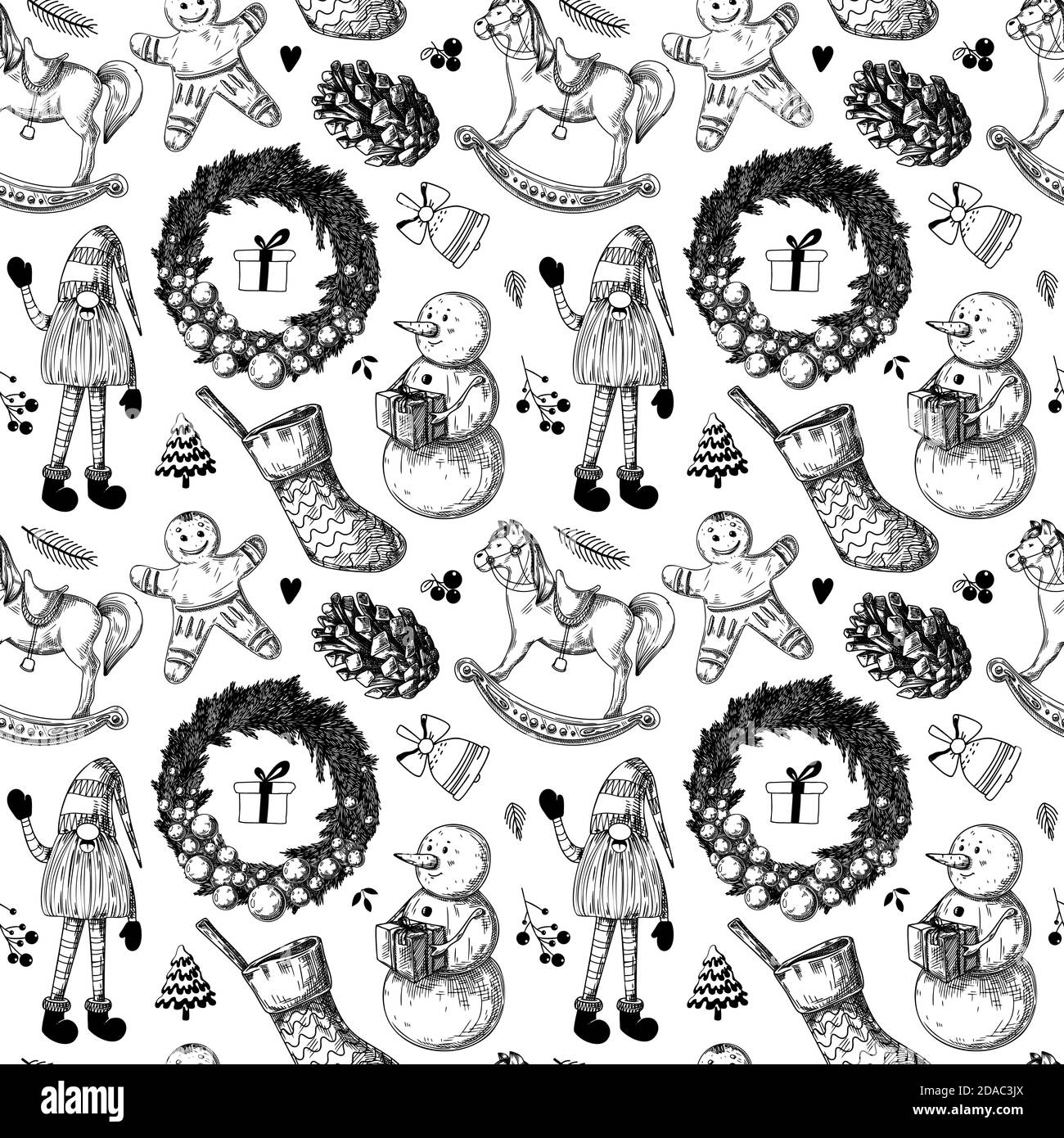 Christmas seamless pattern. Toys, snowman, wreath and other Christmas ...