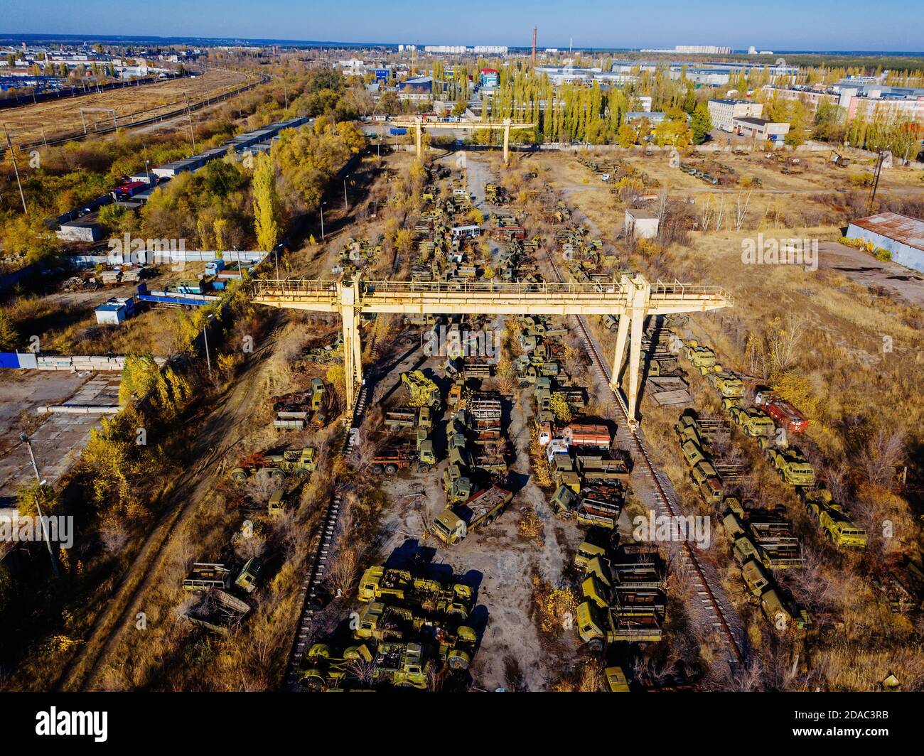 Old rusty broken Russian military cars for scrap metal in industrial ...