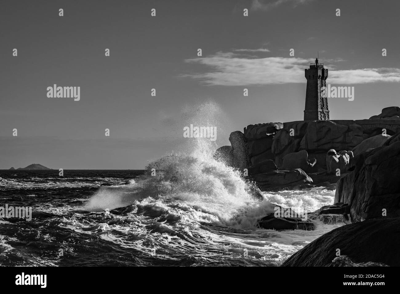 The pink granite lighthouse of Ploumanac'h (Brittany, France) stands in ...
