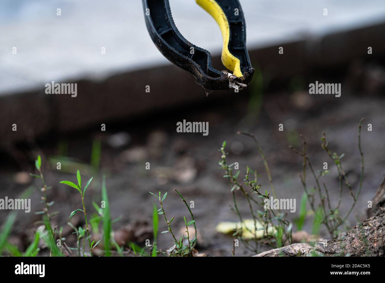 Closeup of a small trash clipped between the jaws of a trash picker ...