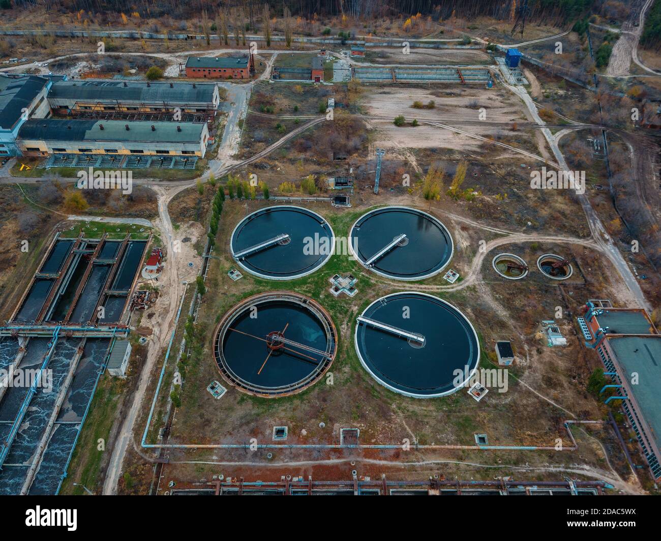Modern sewage treatment plant, aerial view from drone Stock Photo - Alamy
