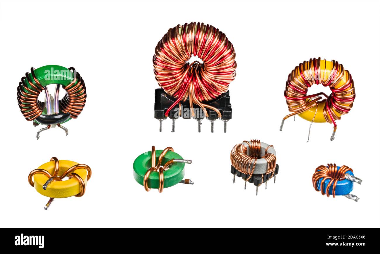 Set of electronic induction coils or transformers isolated on a white ...