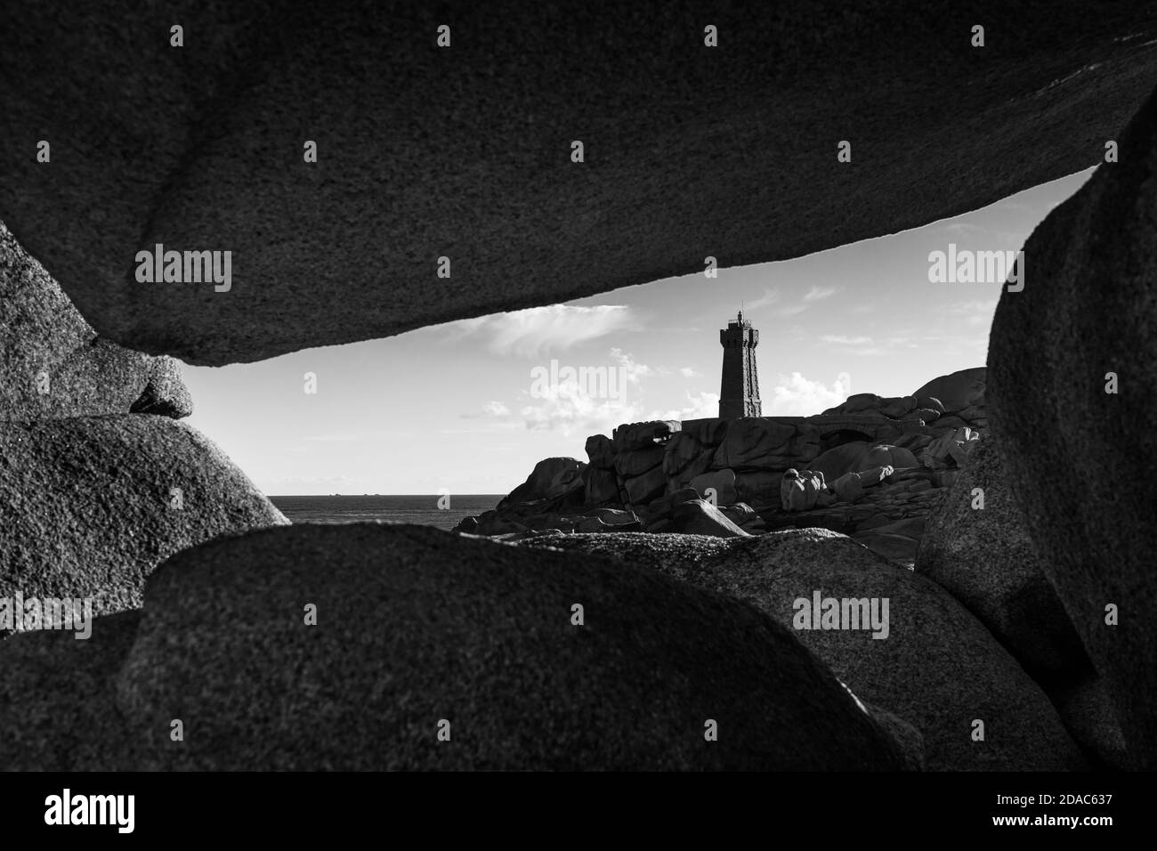 The pink granite lighthouse of Ploumanac'h (Brittany, France) stands in ...