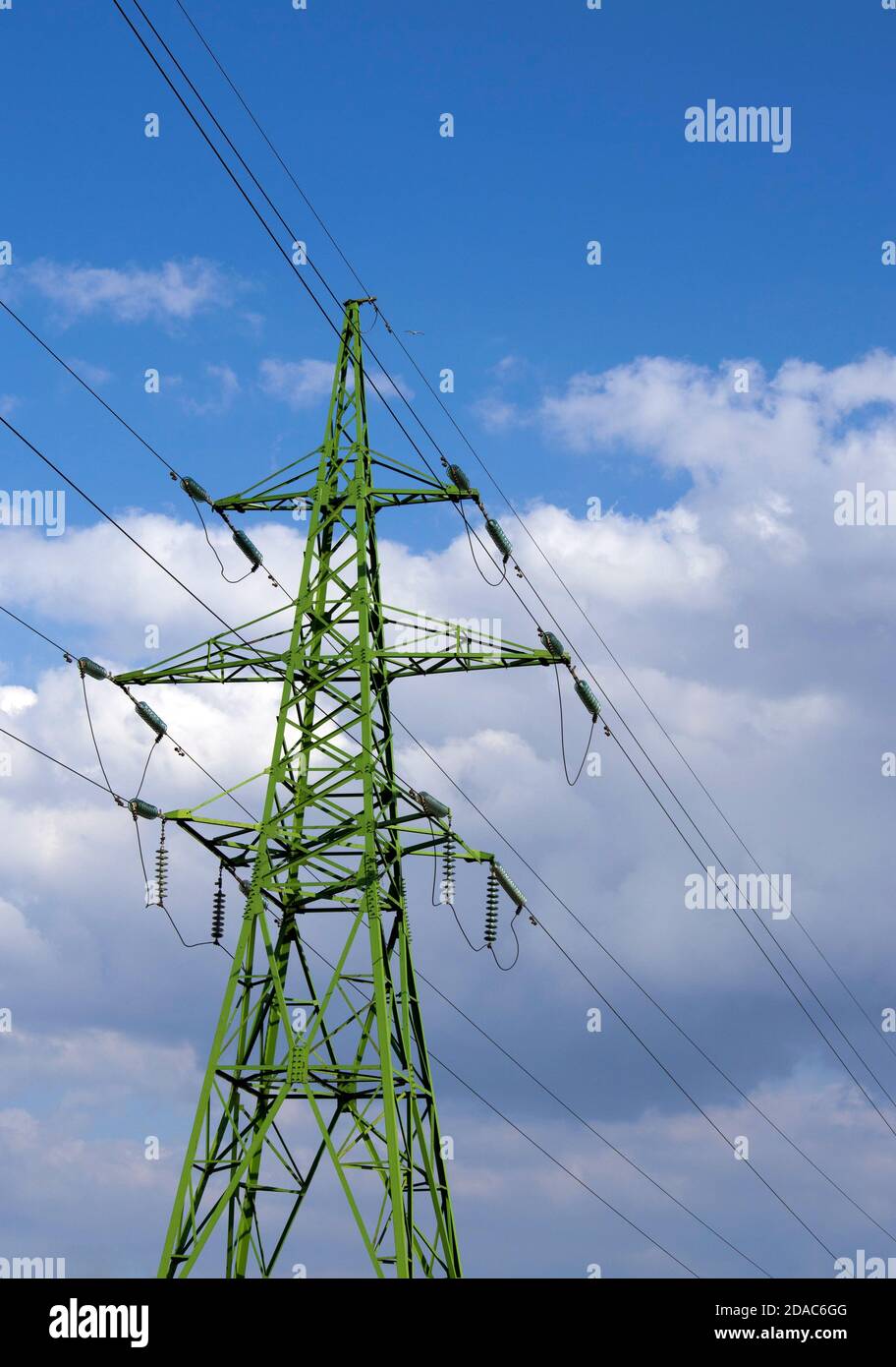Overhead high voltage power line tower at cloudy skies background Stock ...