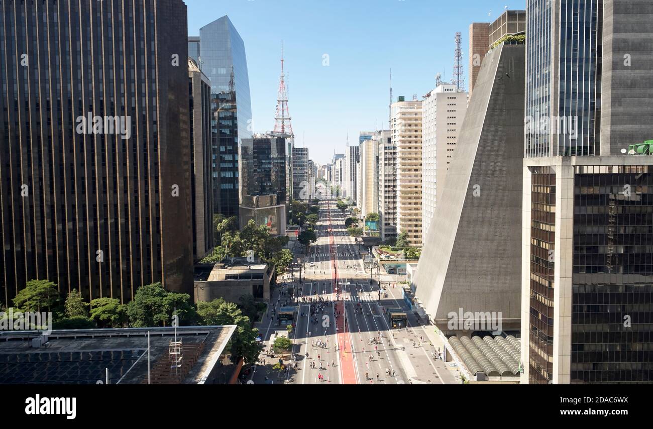 Aerial view of Avenida Paulista (Paulista avenue) in Sao Paulo city ...