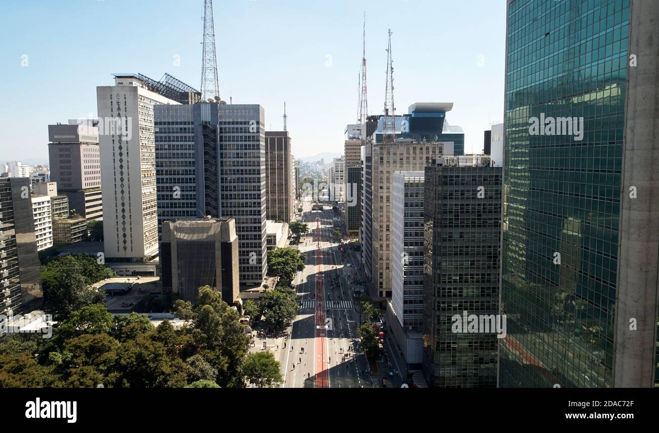 Aerial view of Avenida Paulista (Paulista avenue) in Sao Paulo city ...