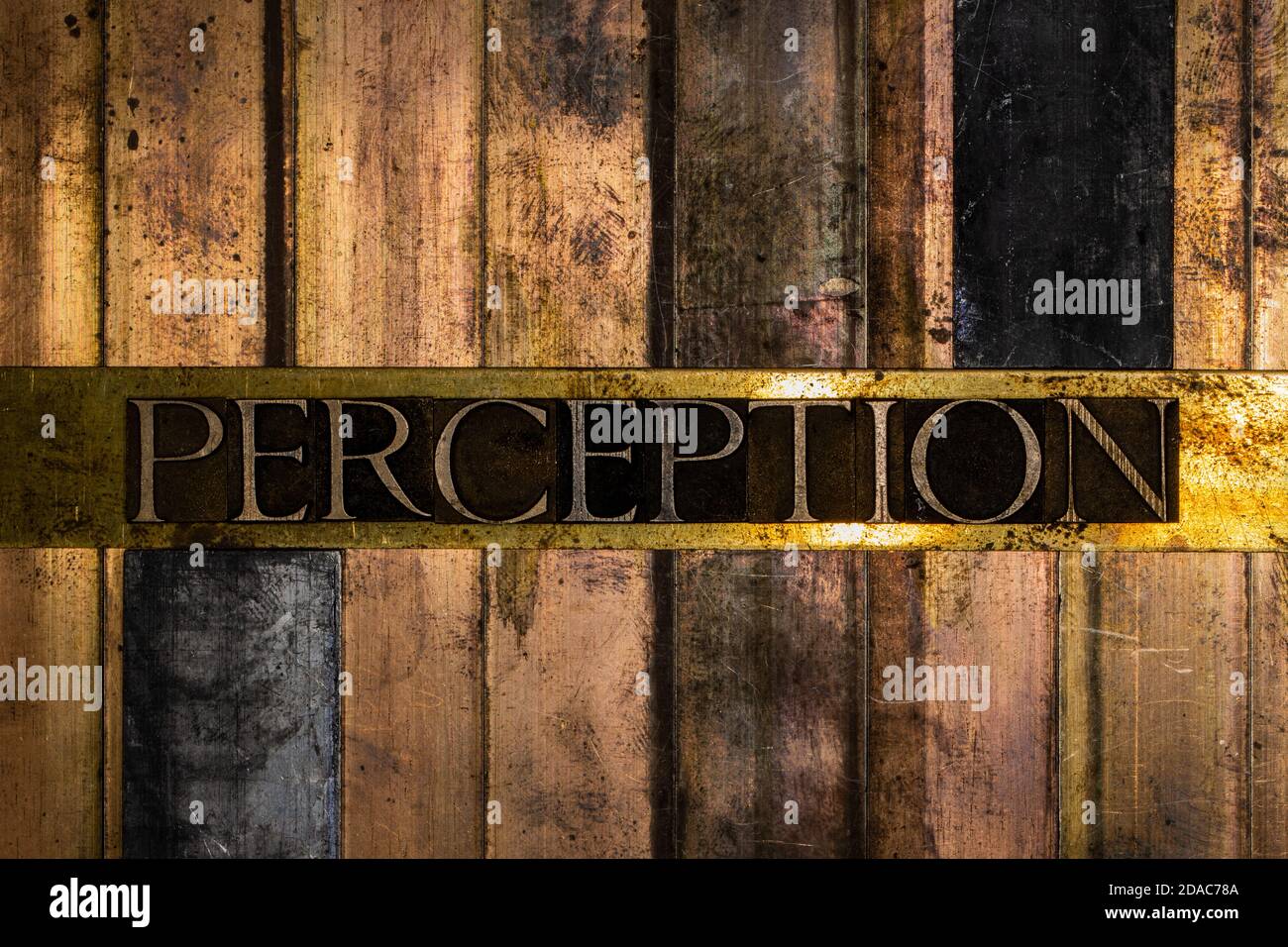 Perception text message on vintage textured grunge copper and bronze ...