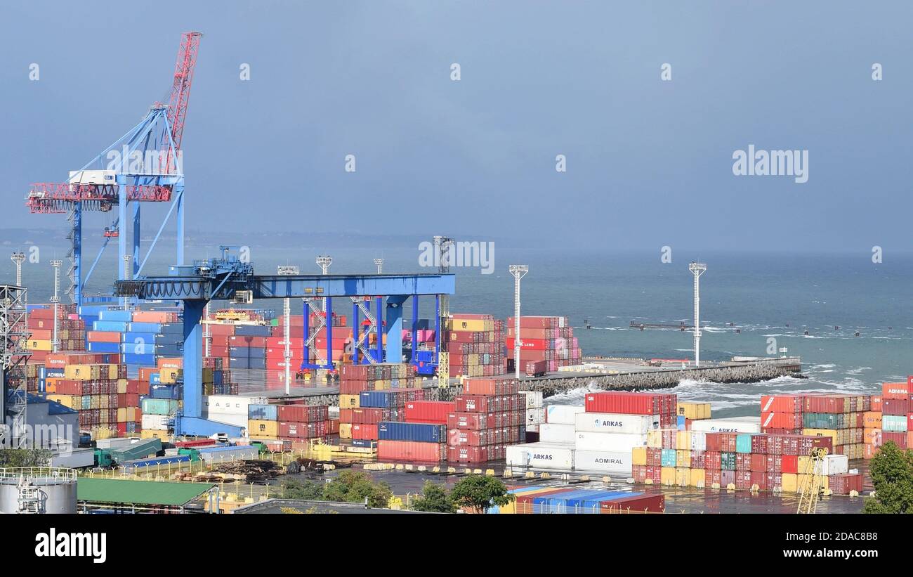 Cargo container terminal at maritime port. Logistic landscape with ...