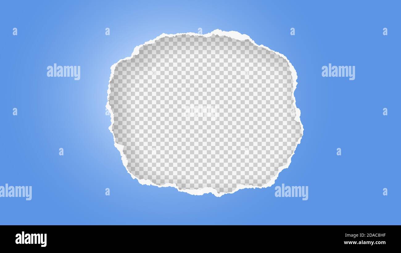 Round hole composition in paper with torn edges, blue gradient and soft ...