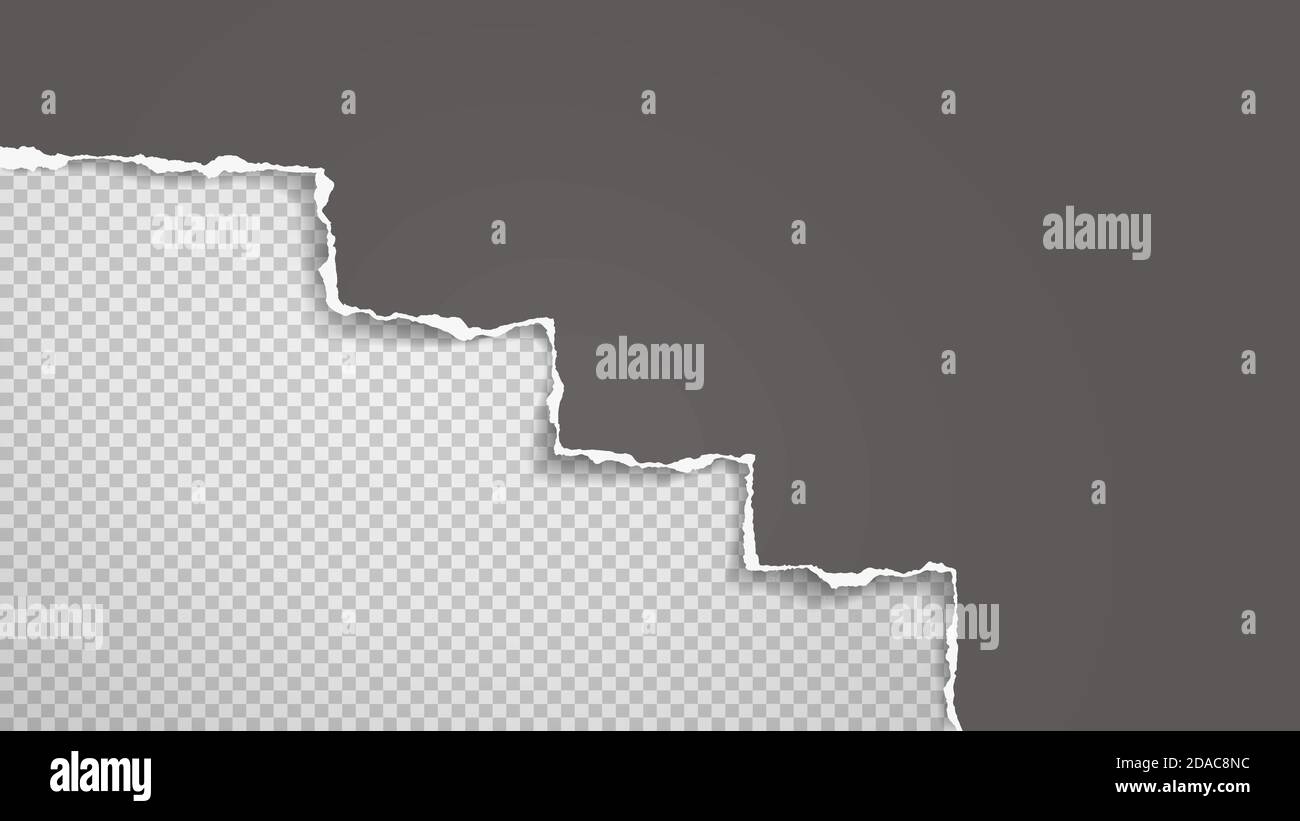 Piece of torn dark grey paper is on white transparent background for ...