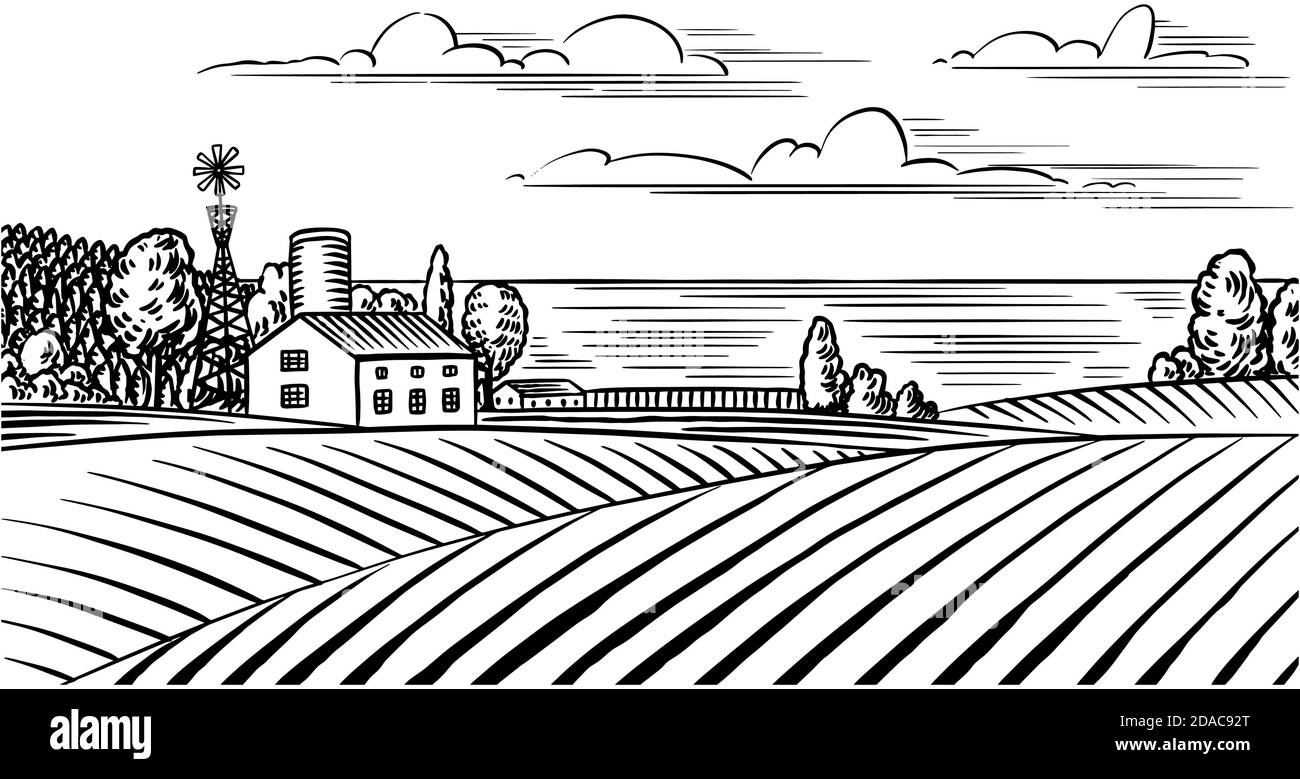 Rural meadow. A village landscape with hills and a farm. Sunny scenic ...