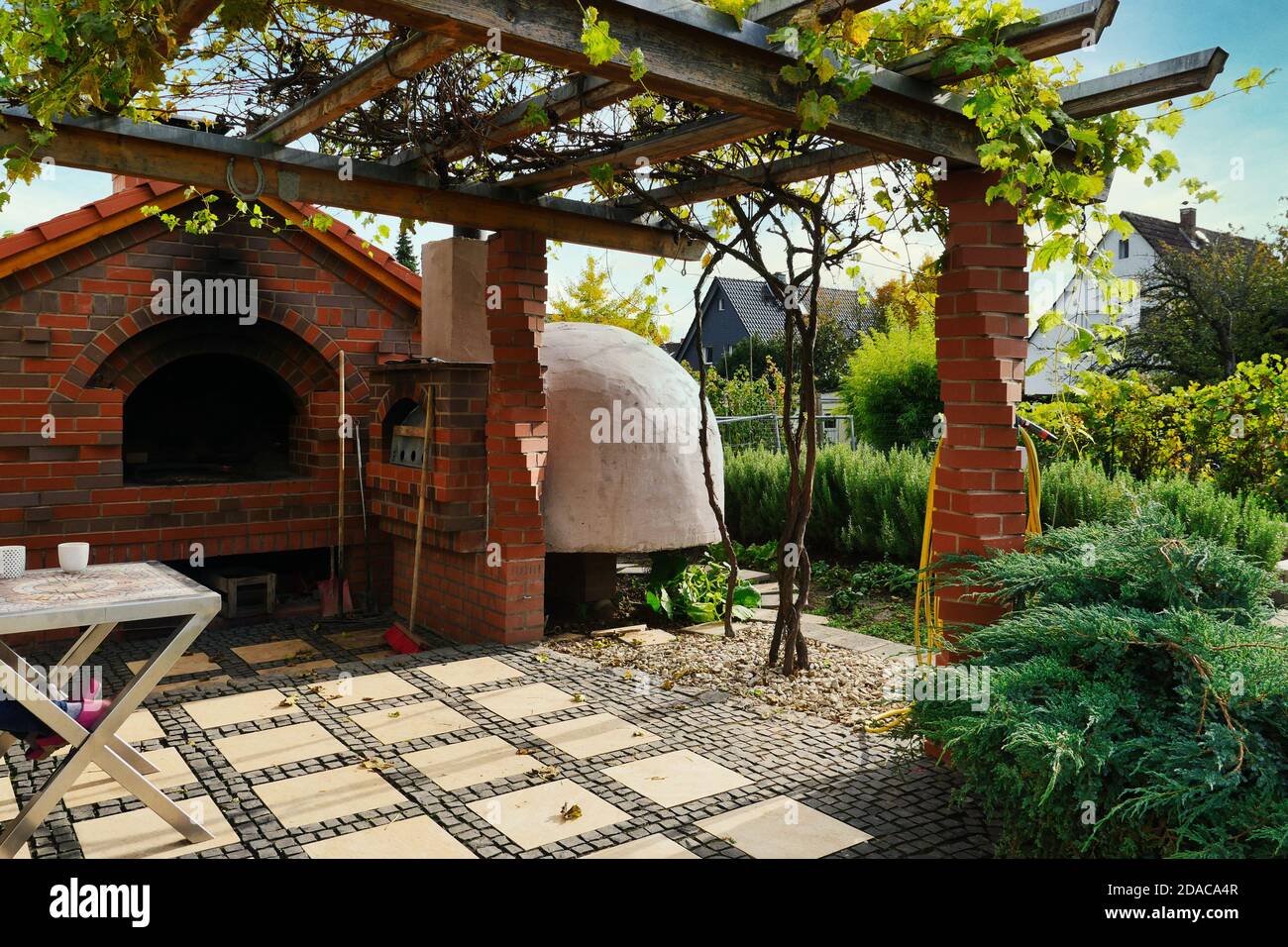 House backyard with grapevine green foliage and stone oven. Wide shot ...