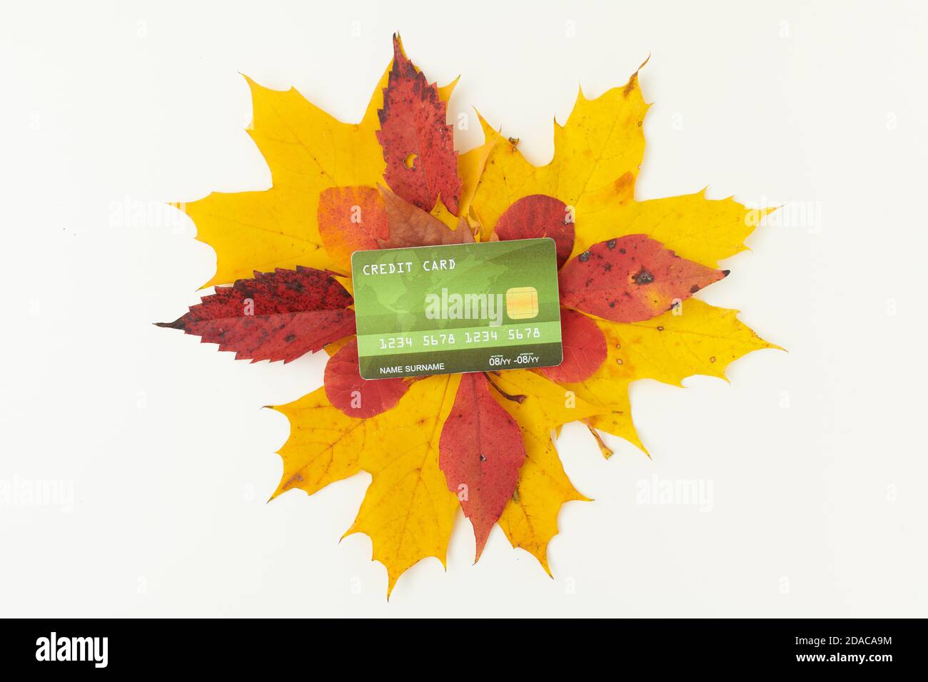 Hello october. autumn flat lay with credit card and leaves on white ...